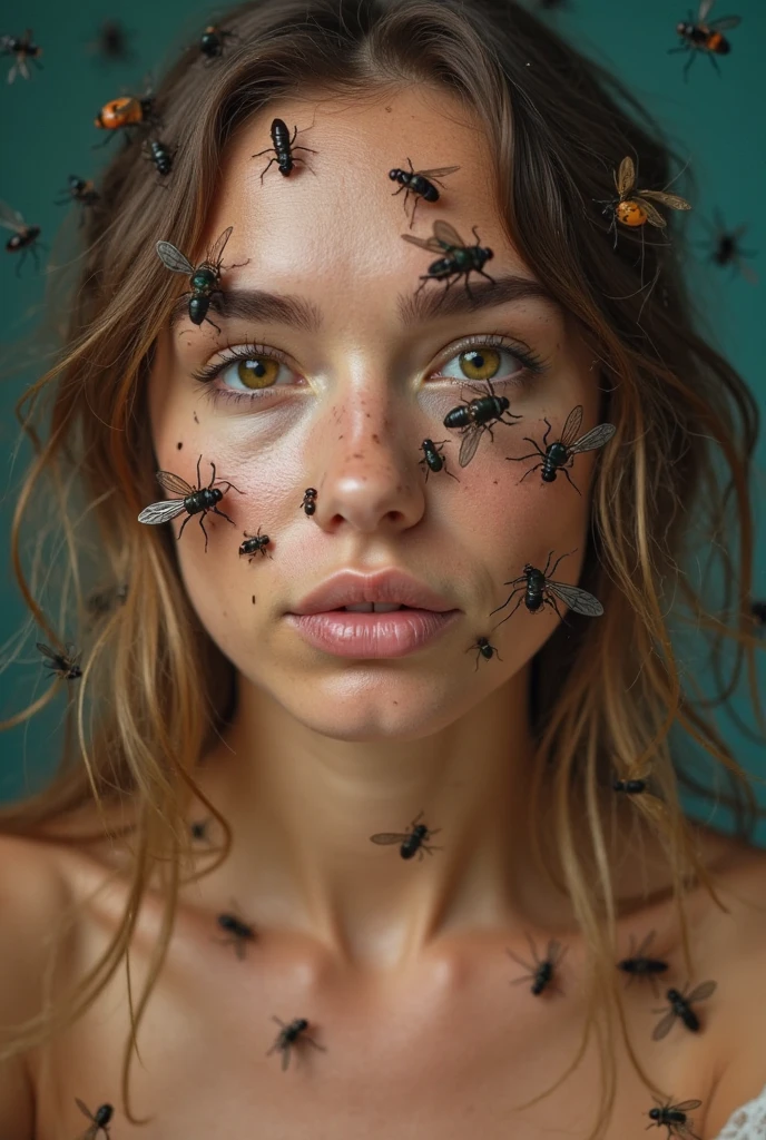 Attractive young woman being attacked by giant flies from all sides ...