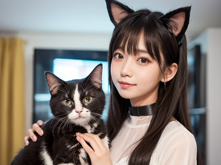 Haile Leotard's daughter with cat ears、Holding a dog、 - SeaArt AI