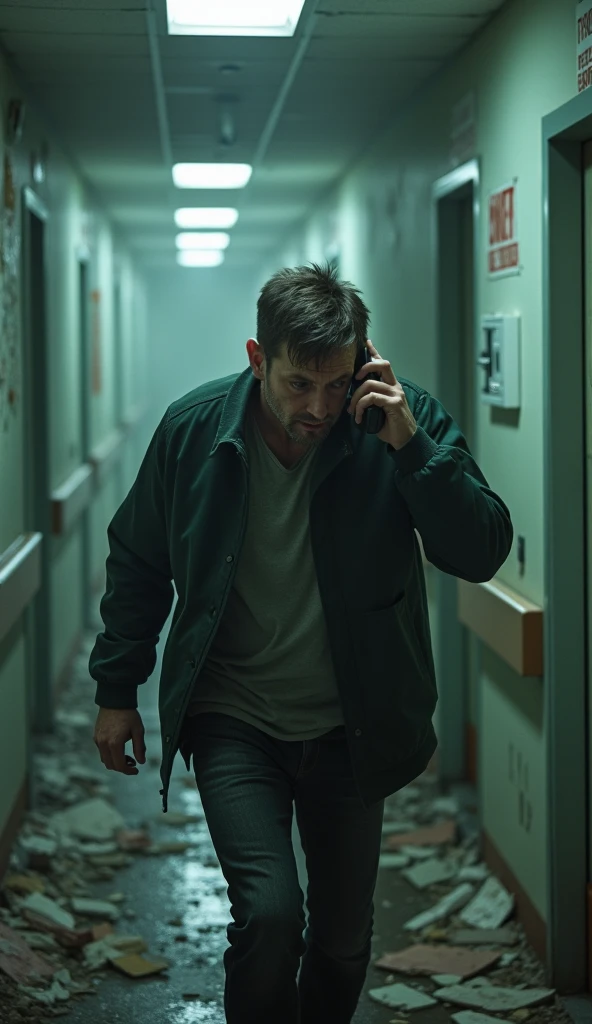 Amid the chaos, a man stumbles through the crumbling hospital - SeaArt AI