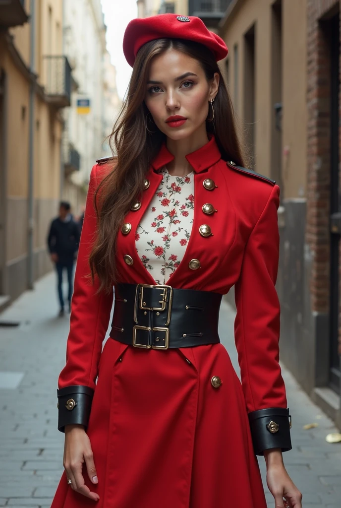 Red military style jacket and skirt, black leather elements, white ...