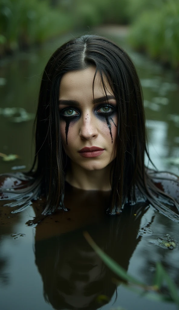 Decadence mature slutty woman in swamp, heavy vulgar makeup, posing ...