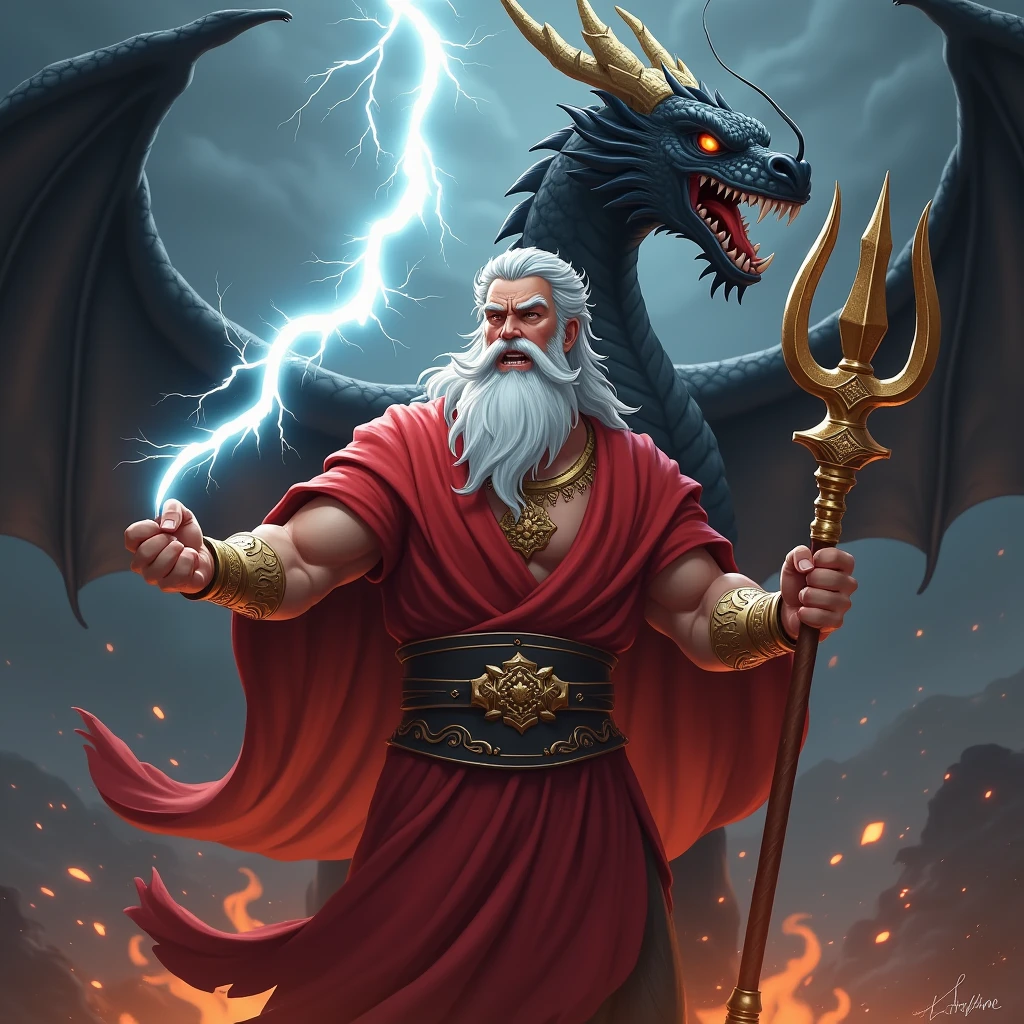 Angry Zeus character in red robe emits lightning from trident - SeaArt AI