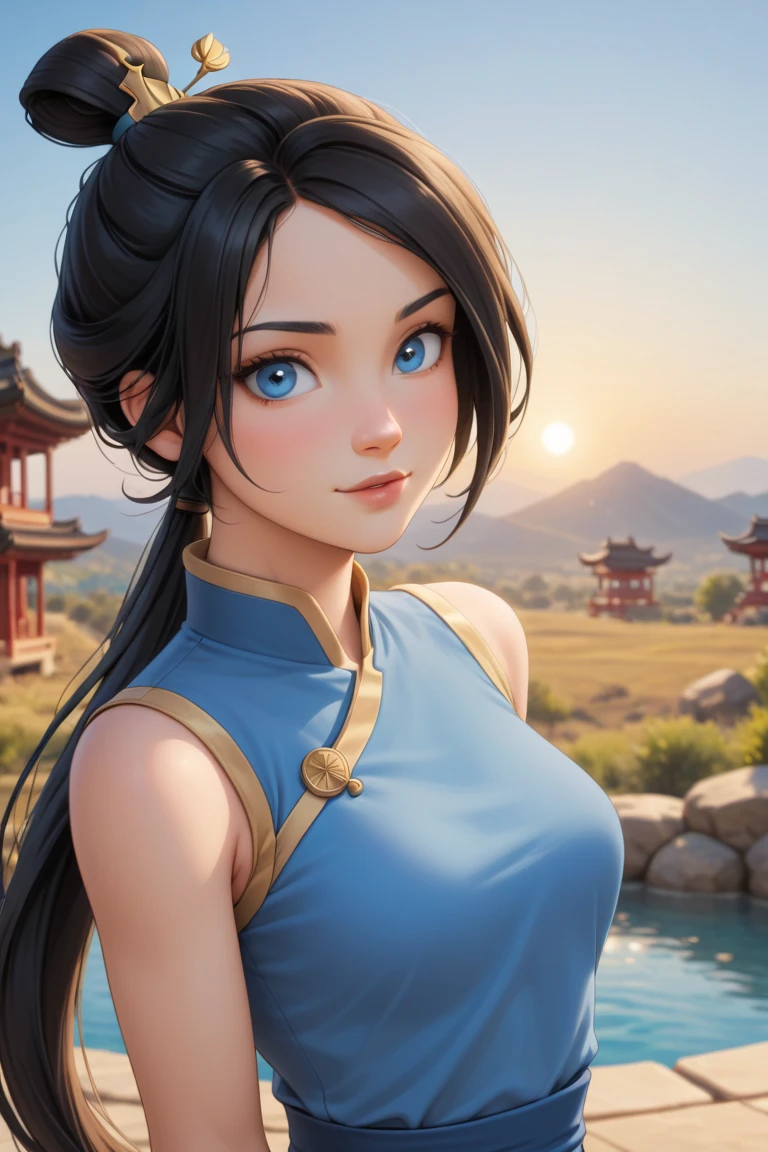 1girl, young woman, sun-kissed skin, blue eyes, black hair, waterbender ...