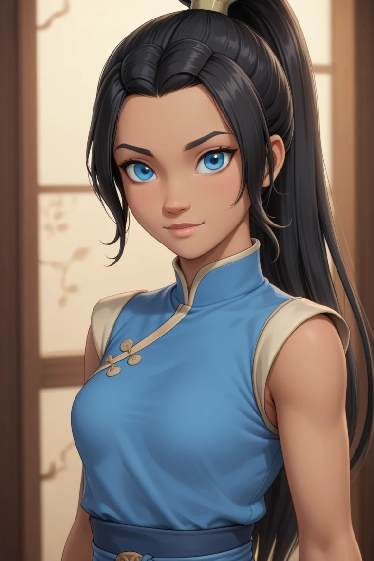 1girl, young woman, dark skin, blue eyes, black hair, waterbender ...