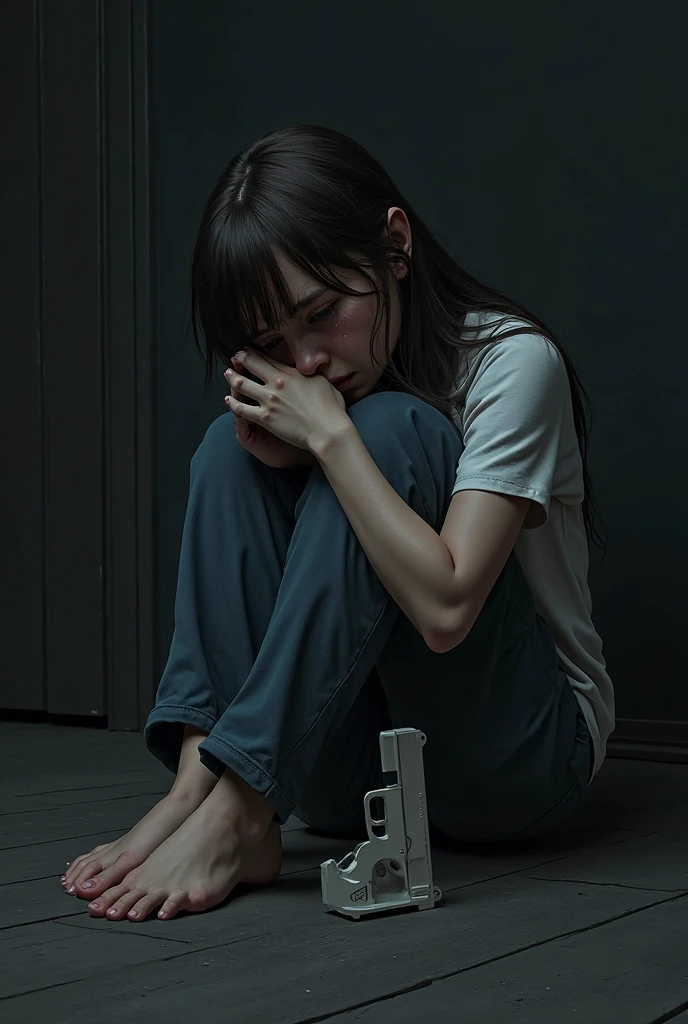 A girl is sitting on a dark wooden floor at gunpoint and crying in her ...