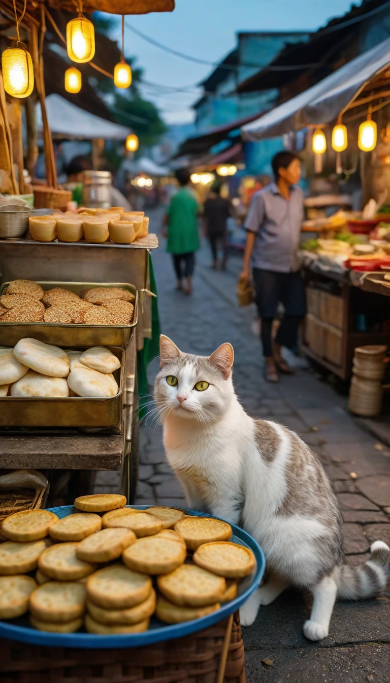 The same gray-and-white stray cat with green eyes, now holding the ...