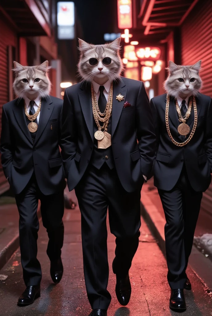 "A group of three anthropomorphic Maine Coon cats dressed in stylish ...
