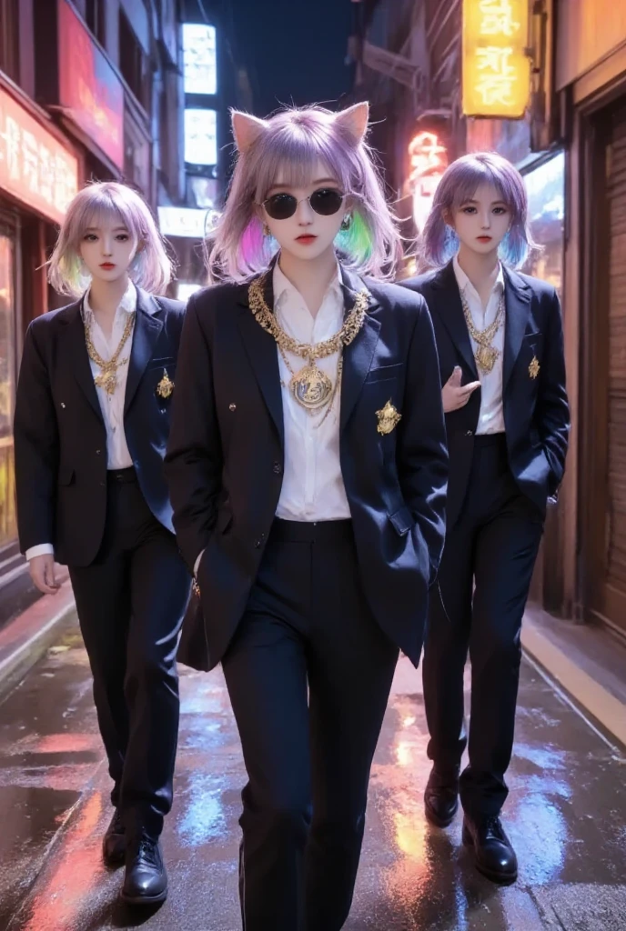 "A group of three anthropomorphic Maine Coon cats dressed in stylish ...