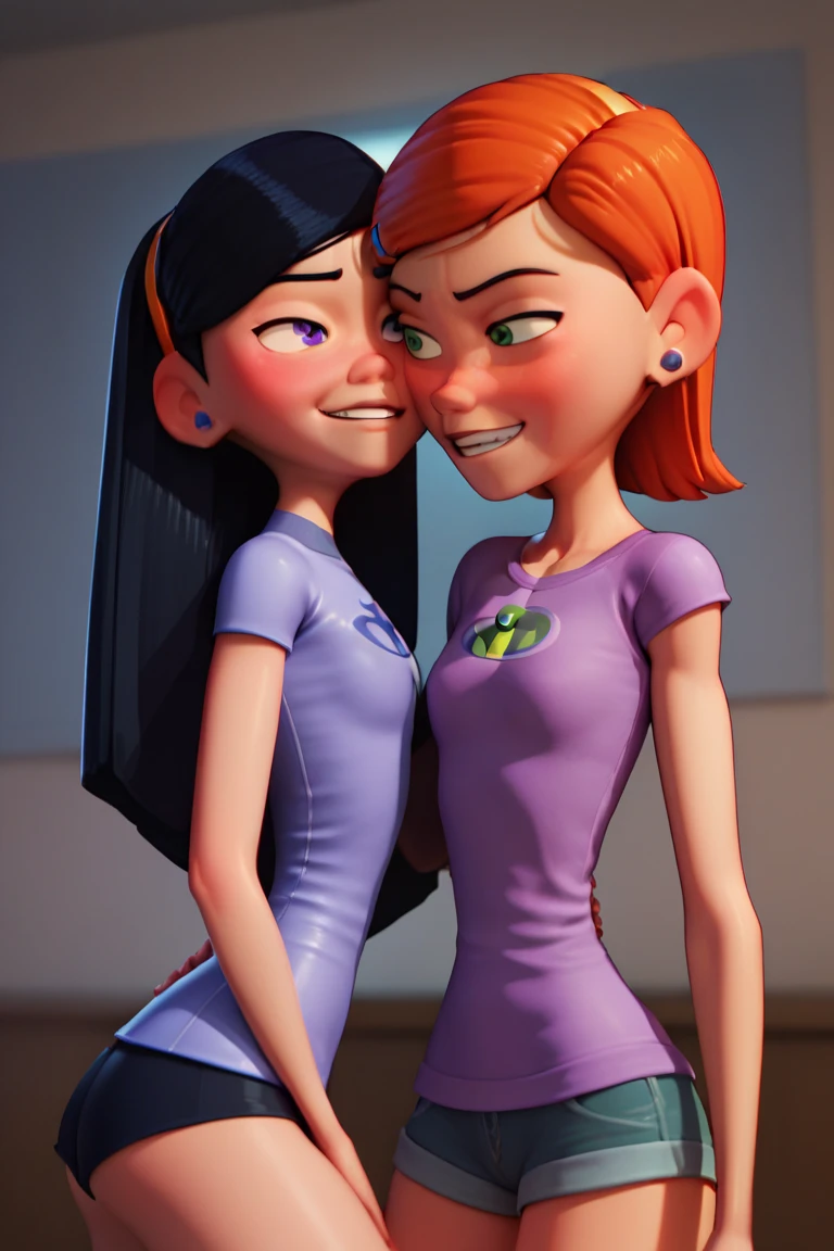 Two girls, Gwen Tennyson from Ben 10 and Violet Parr from the Incredibles giving - SeaArt AI