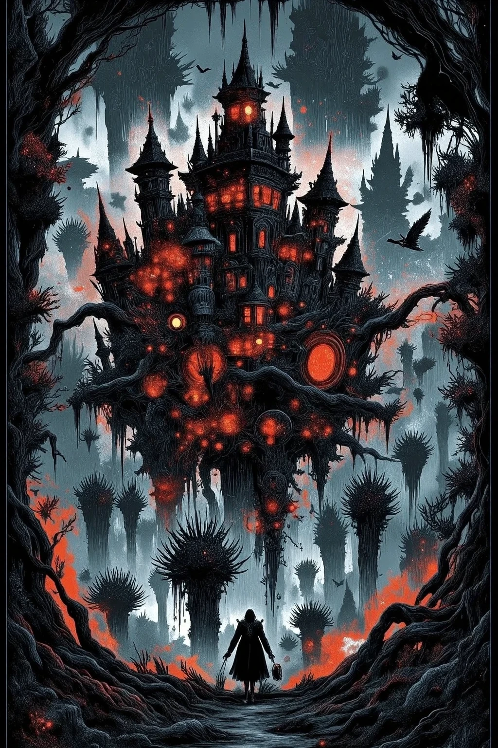 Aerial Cities、floating above clouds wrapped in a fiery aura baroque ...