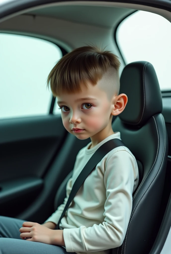 Boy with a triangular head and a middle part in a parked smart car ...