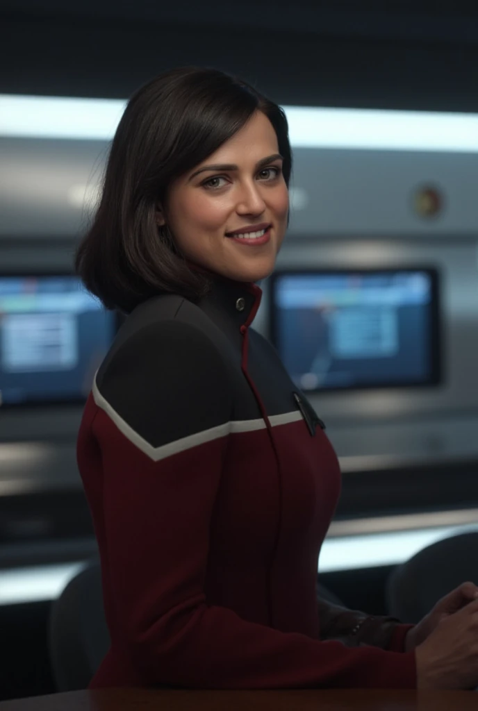 CGI render of a woman with shoulder length hair, parted in the middle ...