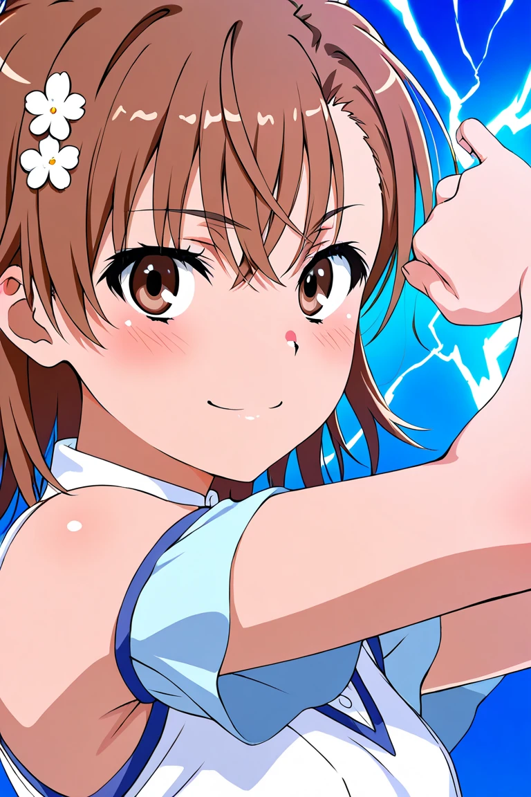 Short reddish brown hair with bangs, White and blue outfit, hair accessories - SeaArt AI