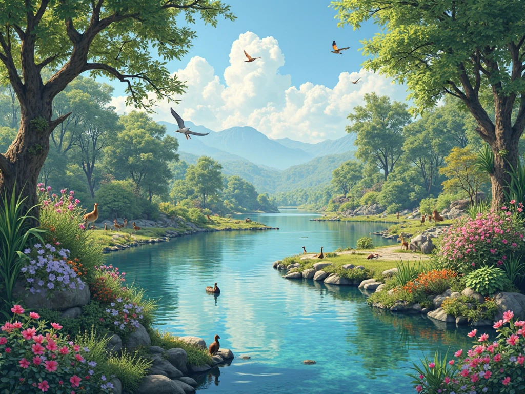 Create a very realistic image of a river with beautiful and colorful ...