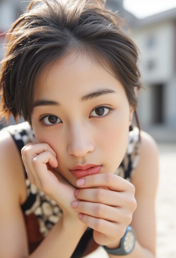 Staring at 、( intense concentration ), from below, ( Please kneel and ...