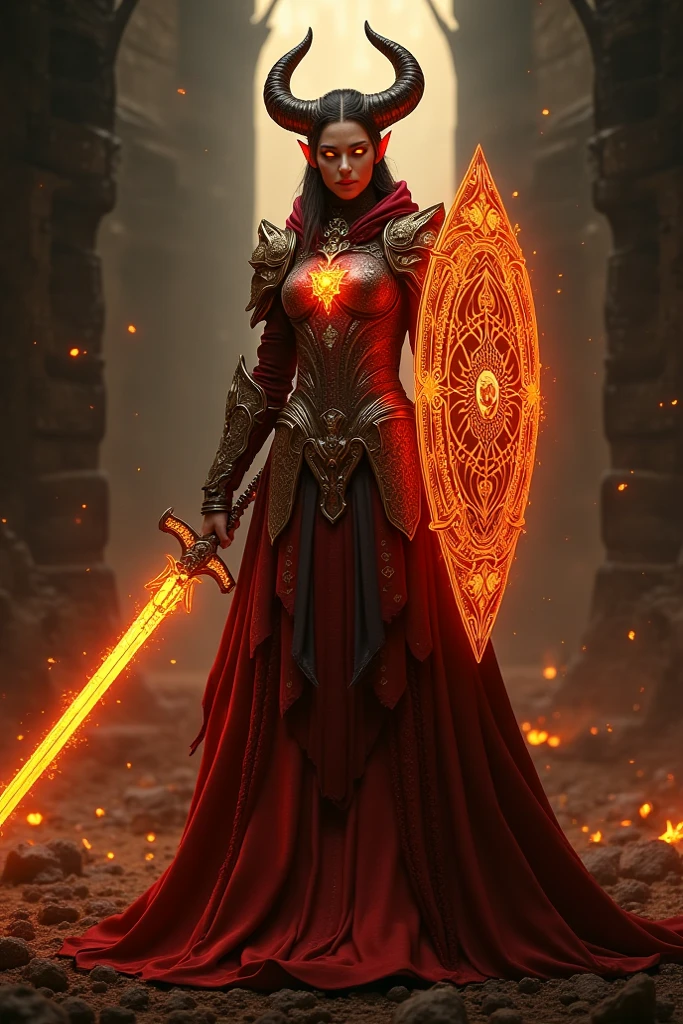 Hell Paladin, glowing armor, shield, long sword, tiefling woman - SeaArt AI