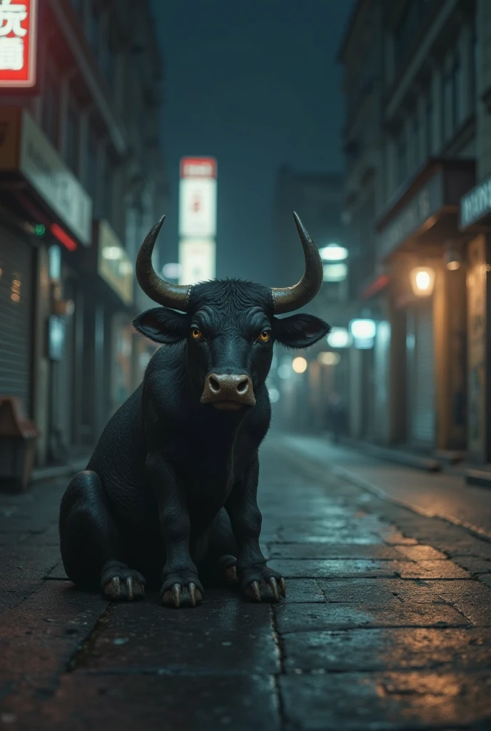 A sad anthropomorphic bull sitting alone on a city pavement at night ...