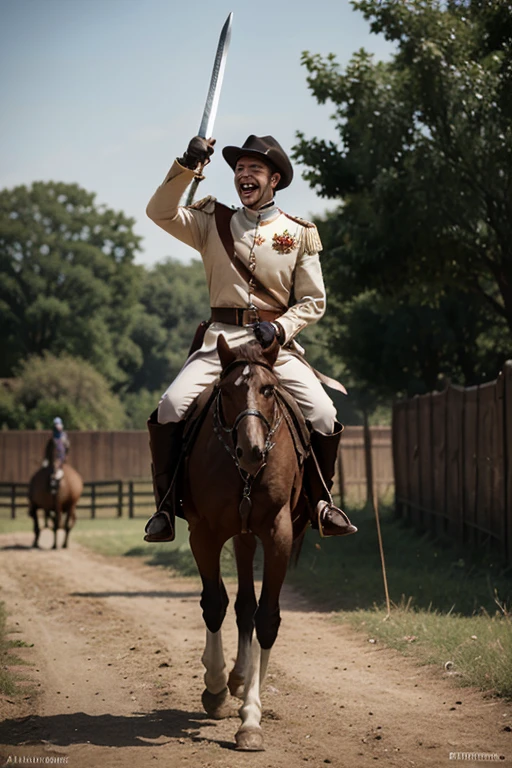 "A general on horseback laughing triumphantly, raising his sword ...