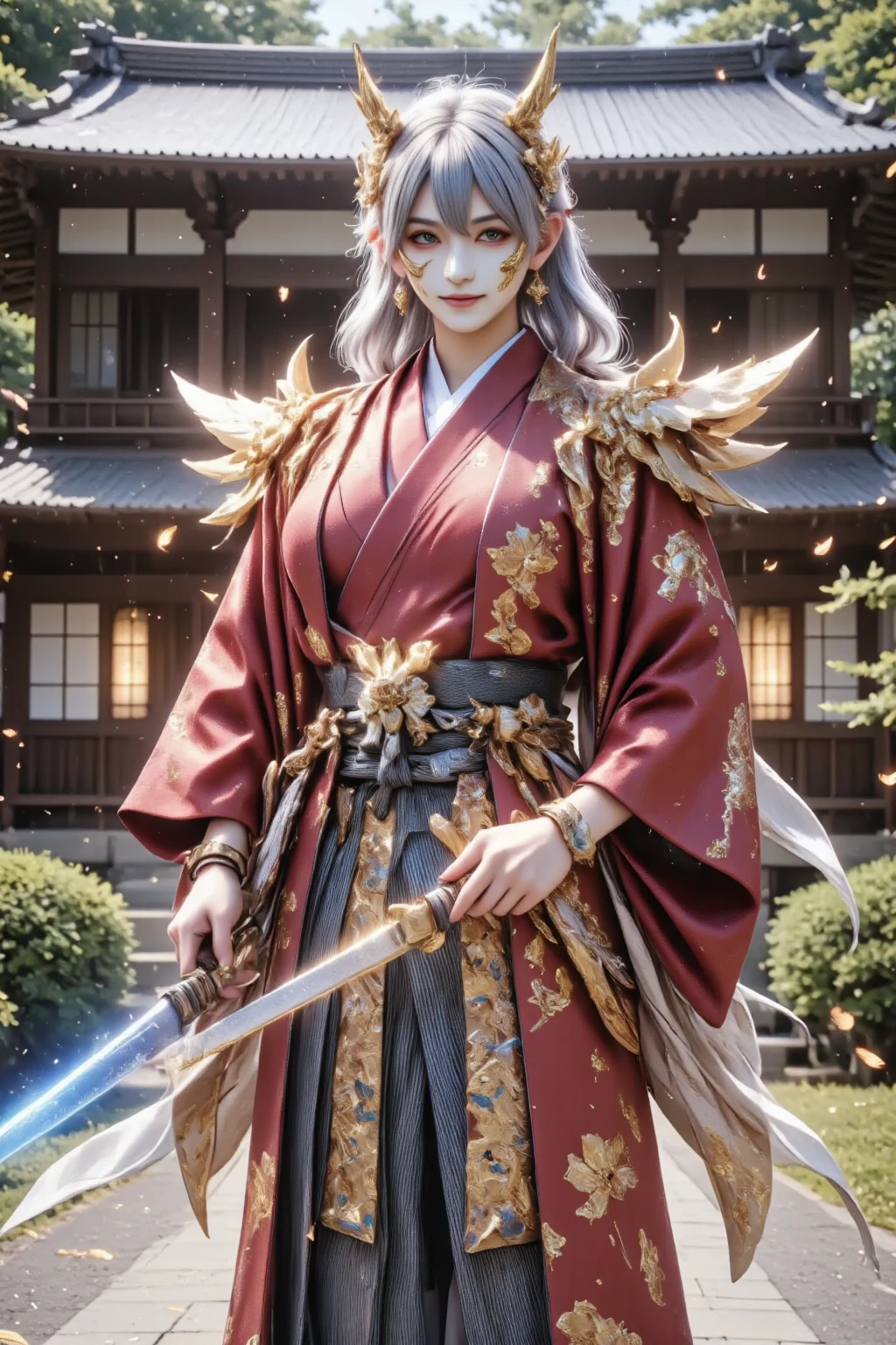 A powerful male warrior wearing beautiful crimson kimono-style body ...