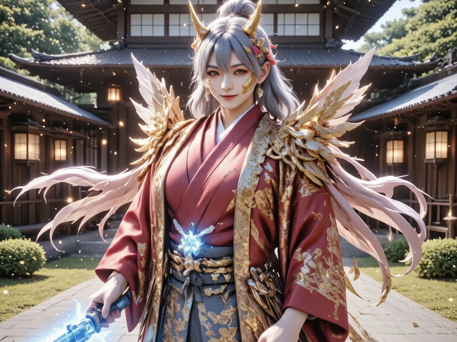 A powerful male warrior wearing beautiful crimson kimono-style body ...