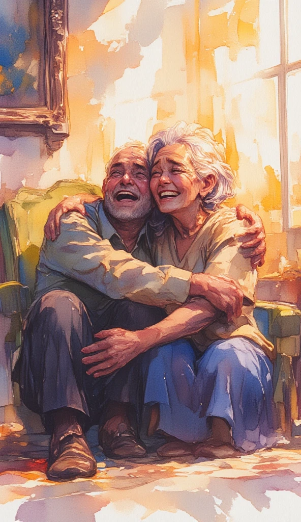 Watercolor painting of a kneeling man crying in the embrace of a very ...