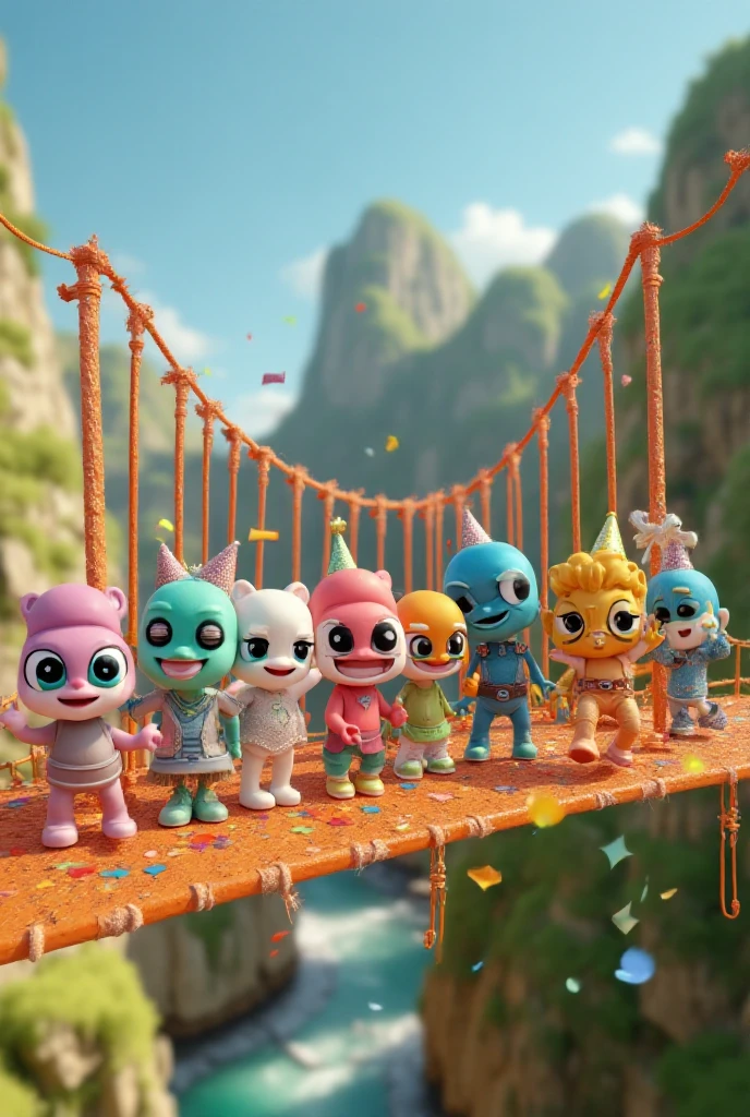 "A group of eight stylized vinyl toy characters standing on an orange ...