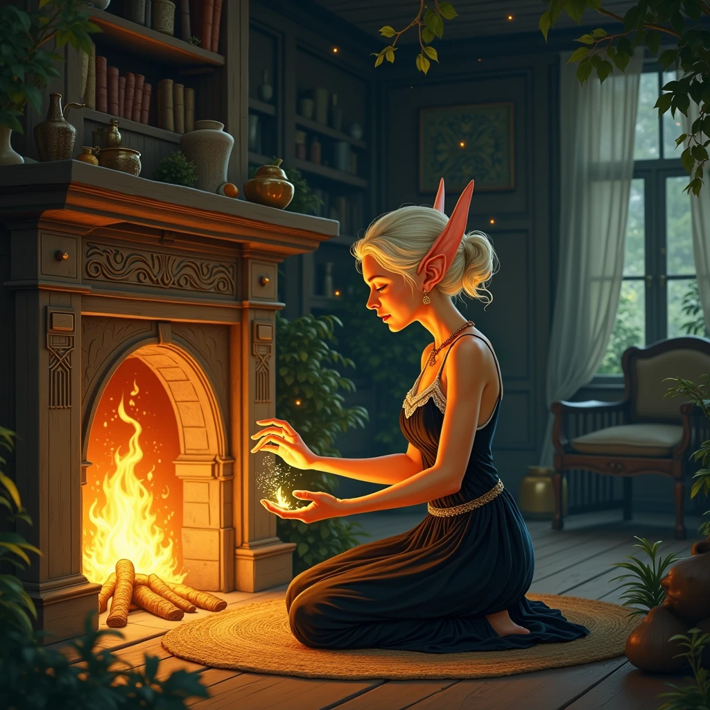 A digital illustration in a feeric and contemplative style, set inside ...