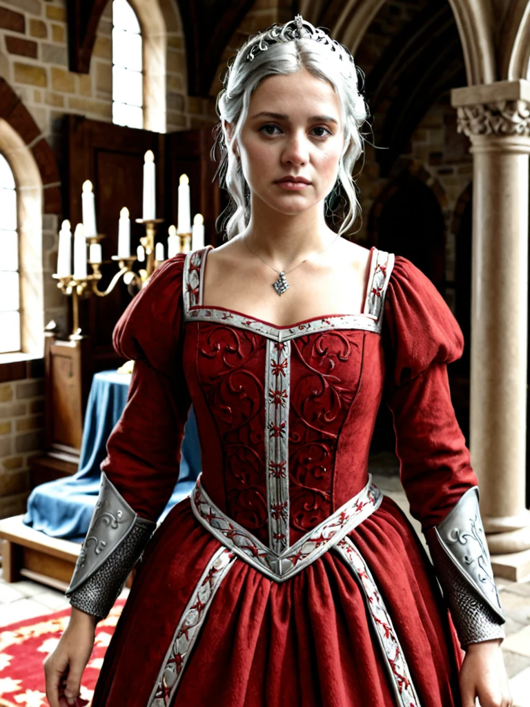 A beautiful Targaryen princess with silver hair in a red medieval dress ...