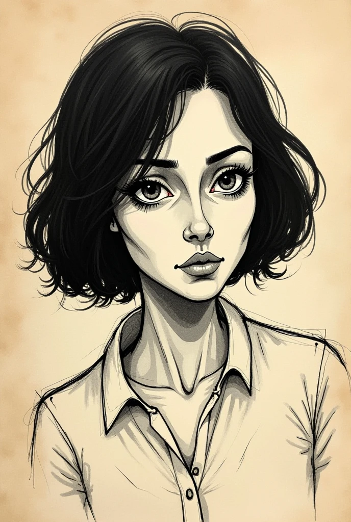 Expressive ink sketch portrait of a woman with a tilted head resting on ...