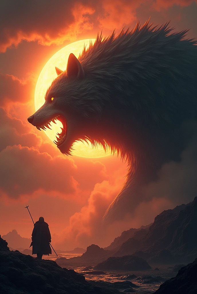 Fenrir, the giant wolf, swallows the sun. - SeaArt AI