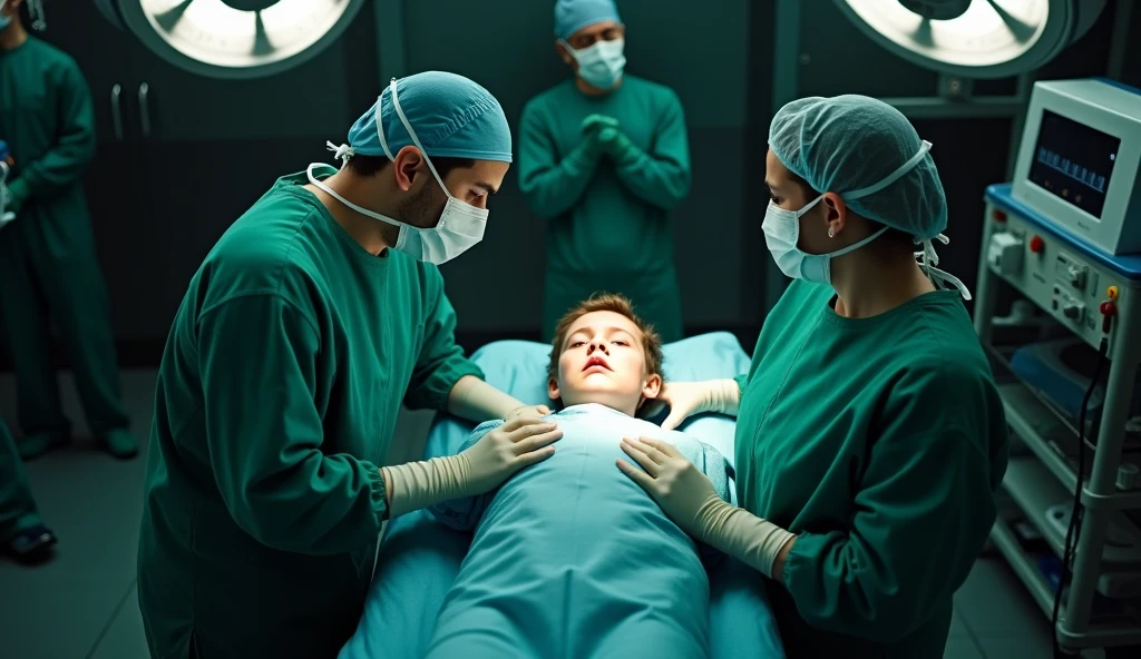 A cinematic shot, overhead shot of a boy lying motionless on an ...