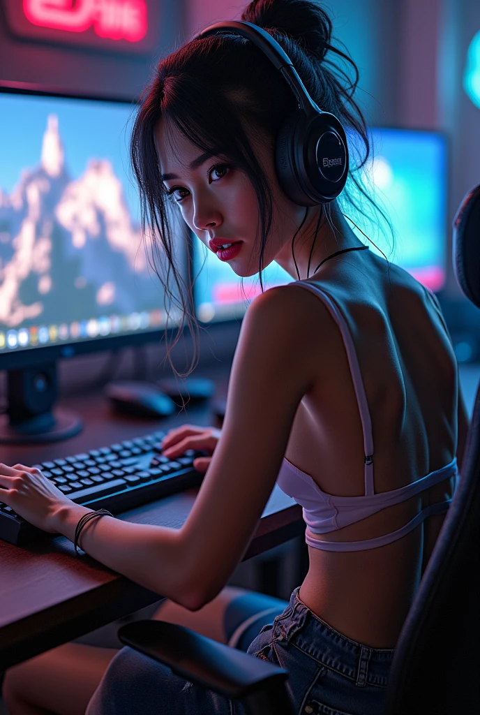 Hot skinny gamer girl with big - SeaArt AI