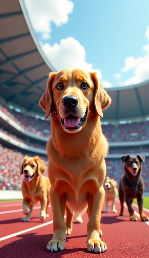Golden retriever and other dog standing on the tracks for race in big ...
