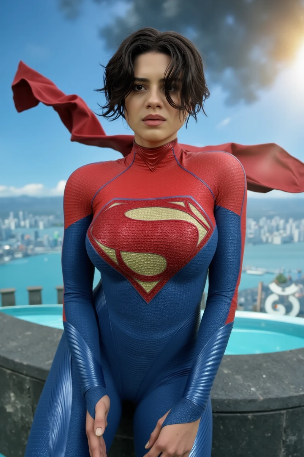 Busty supergirl, superhero, beautiful detailed eyes, beautiful detailed ...