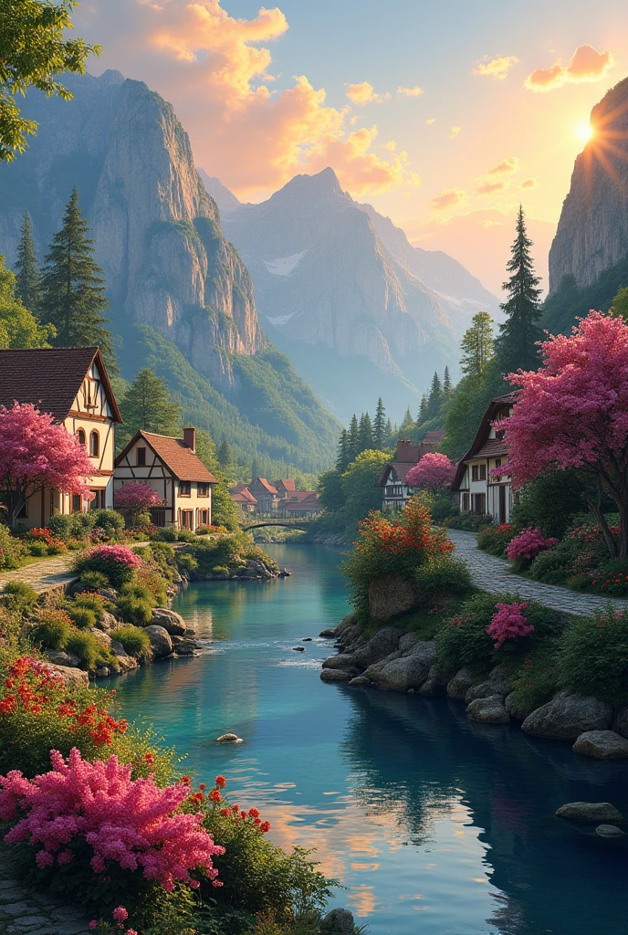 A small village on the riverfront, mountains in the background - SeaArt AI