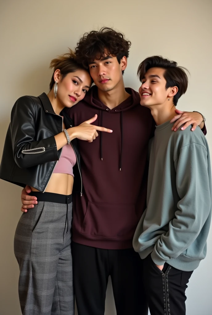 The photo captures three friends posing closely together - SeaArt AI