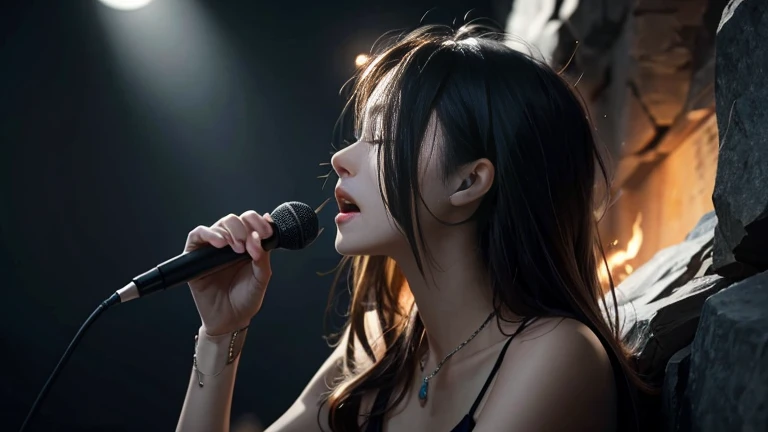 A woman sings a ROCK song, her voice filled with emotion. The ...