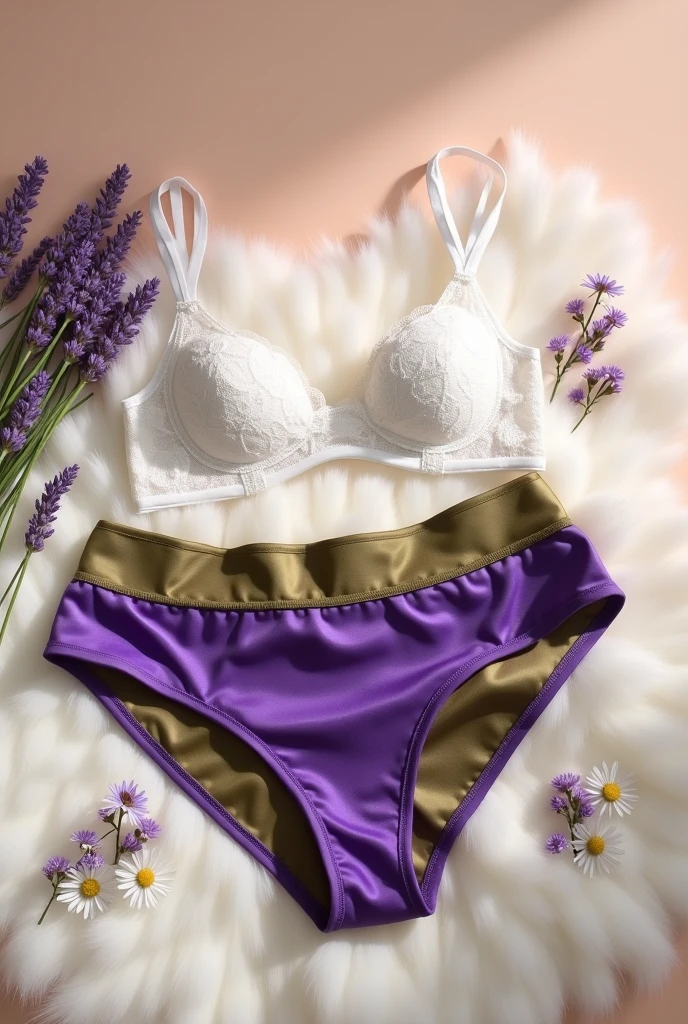 "A luxurious lingerie set consisting of three pieces: a white lace bra ...