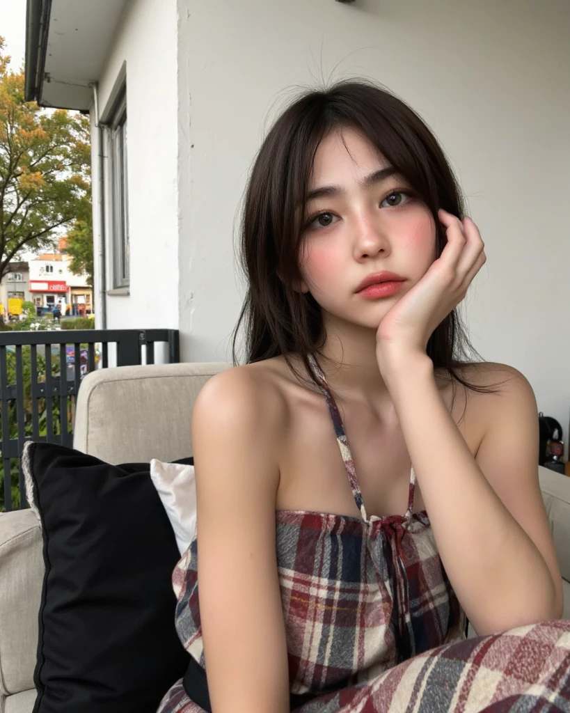 Cute gentle little smile, Tween goth Korean girl Wearing comfy cotton ...