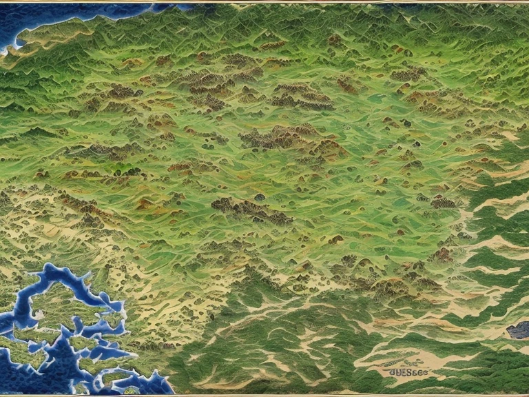 Fantasy world map, ancient parchment style, mystical island continent ...