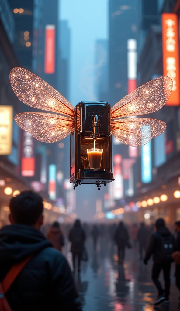 "A coffee machine floating in the middle of a bustling cyberpunk city ...