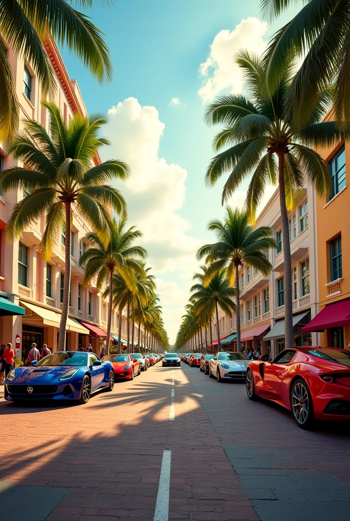 Make a miami street with palm and luxury cars, on day not night - SeaArt AI