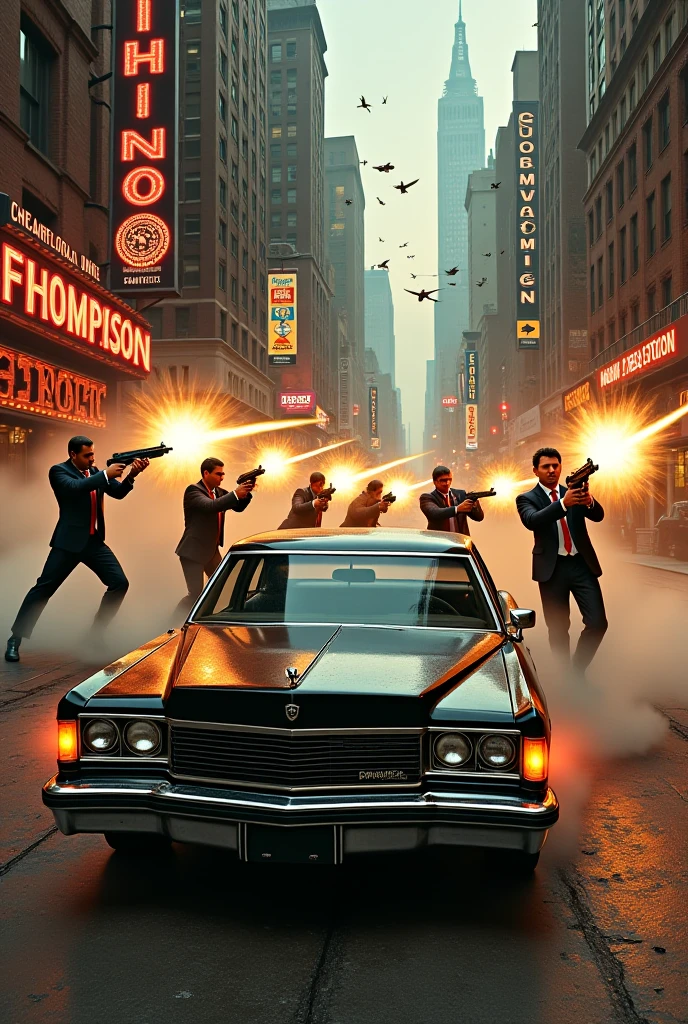 Give me a realistic depiction of the pig mob shooting Thompsons at a ...