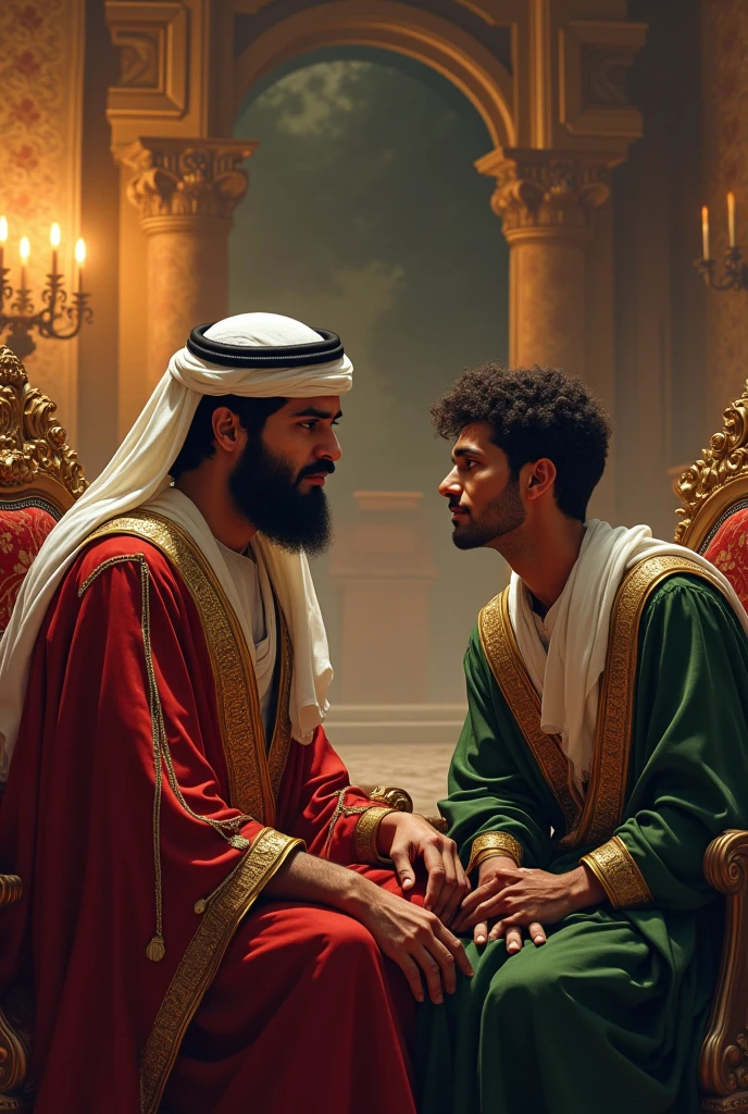 Drawing of Arab king talking to his adult son - SeaArt AI