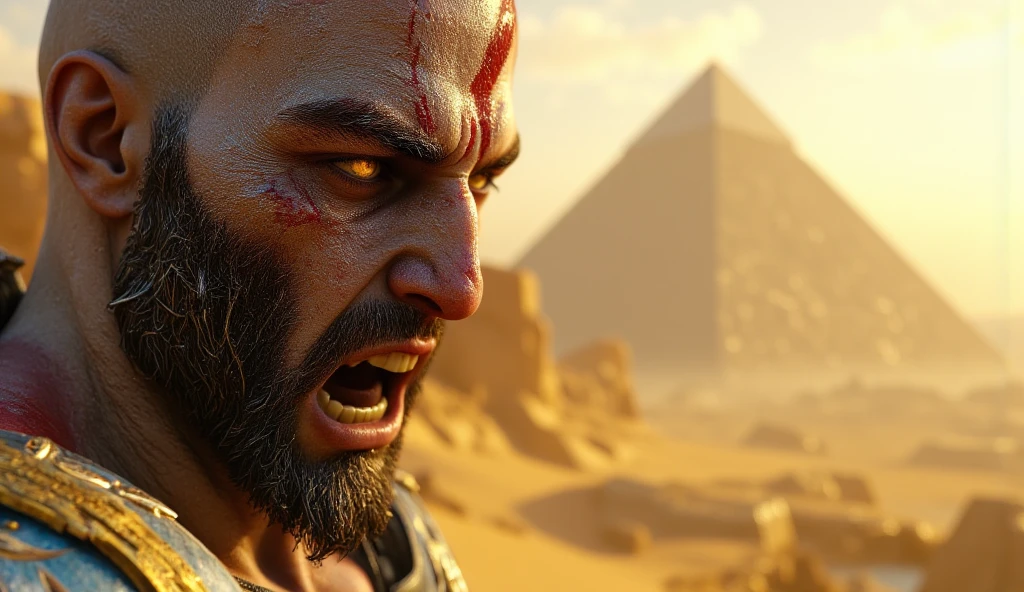Close-up profile of Kratos shouting with anger and fury in Egyptian ...