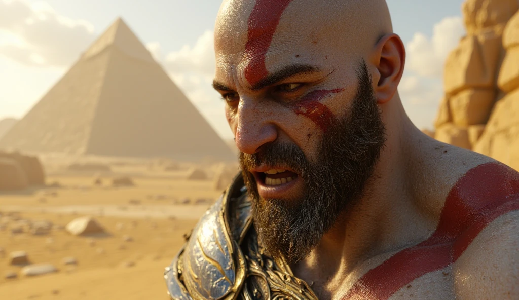 Close-up profile of Kratos shouting with anger and fury in Egyptian ...