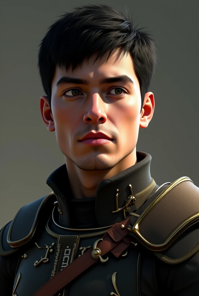 Make a realistic 24-year-old man with short black hair, with olive ...
