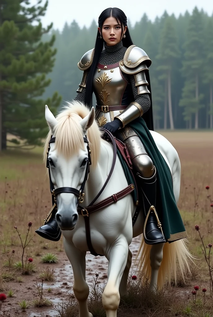 A horse controlled by a female knight fits into a muddy field - SeaArt AI