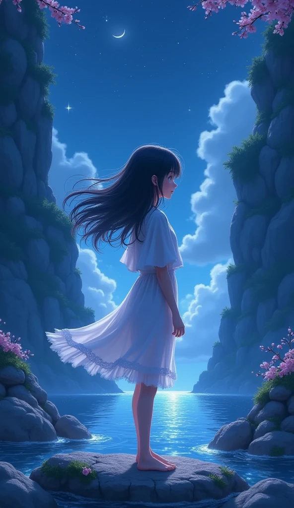 "Anime girl standing on a cliffside with wind-blown hair, moonlight ...