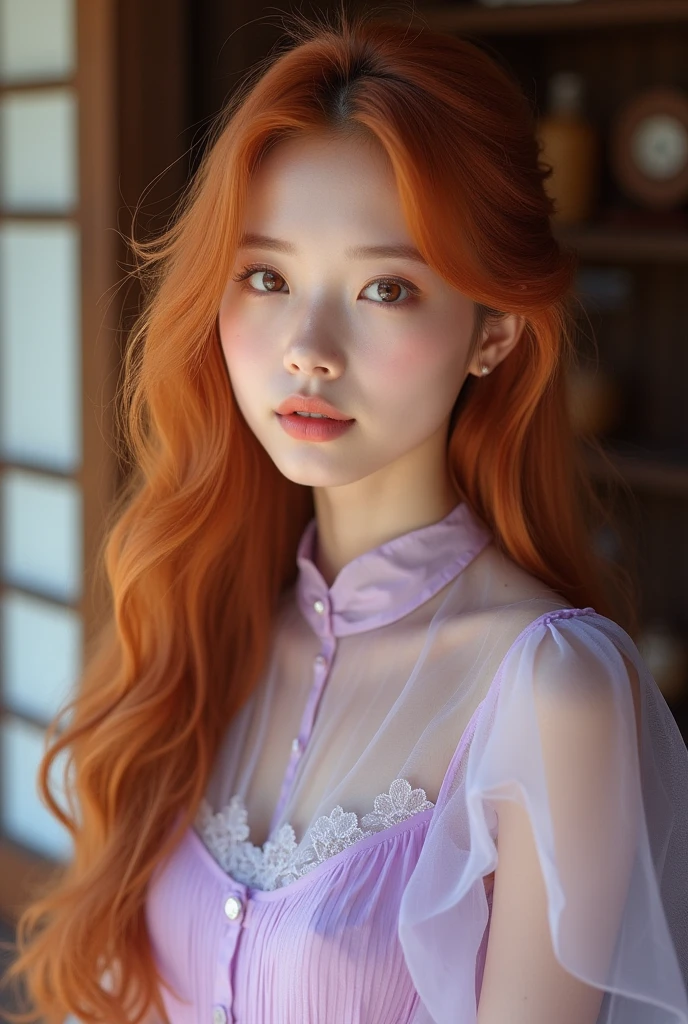 Young adult japanese woman (early 20s), have very long ginger hair ...